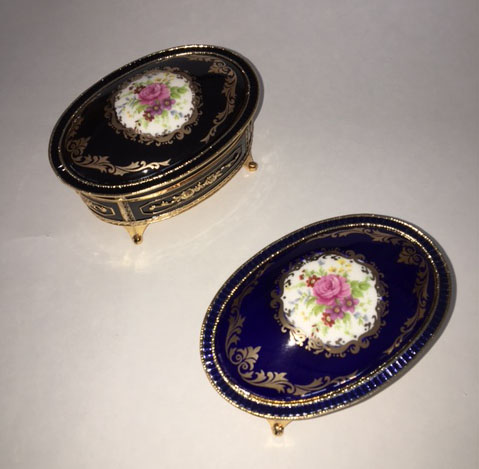 Sevres Style Enamel Oval Musical Ring Box with Floral Design